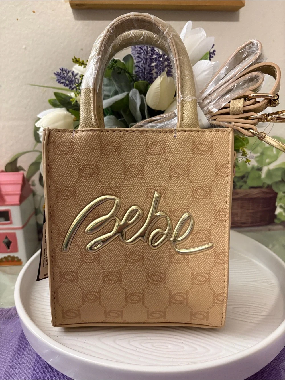 bebe | Bags | Bebe Tan Mini Signature Tote With Gold Logo | Poshmark